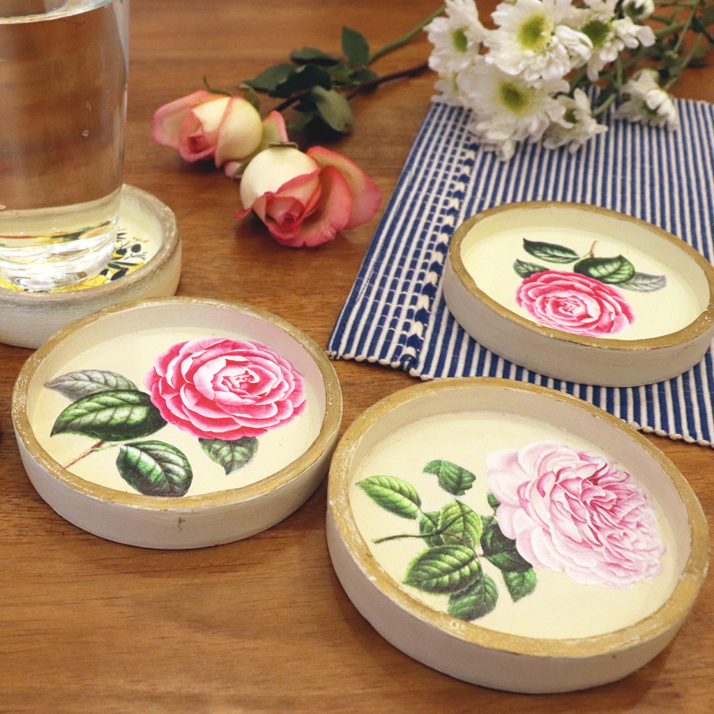 Table Tales Collection: Rose Design Round Clay Coaster Set – baydar.co